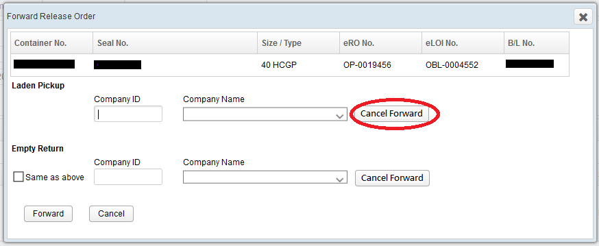 Counter-check the details and click Cancel Forward